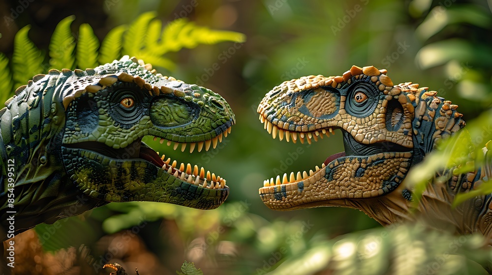 Two dinosaurs, a Tyrannosaurus Rex and a Velociraptor, in a close-up ...