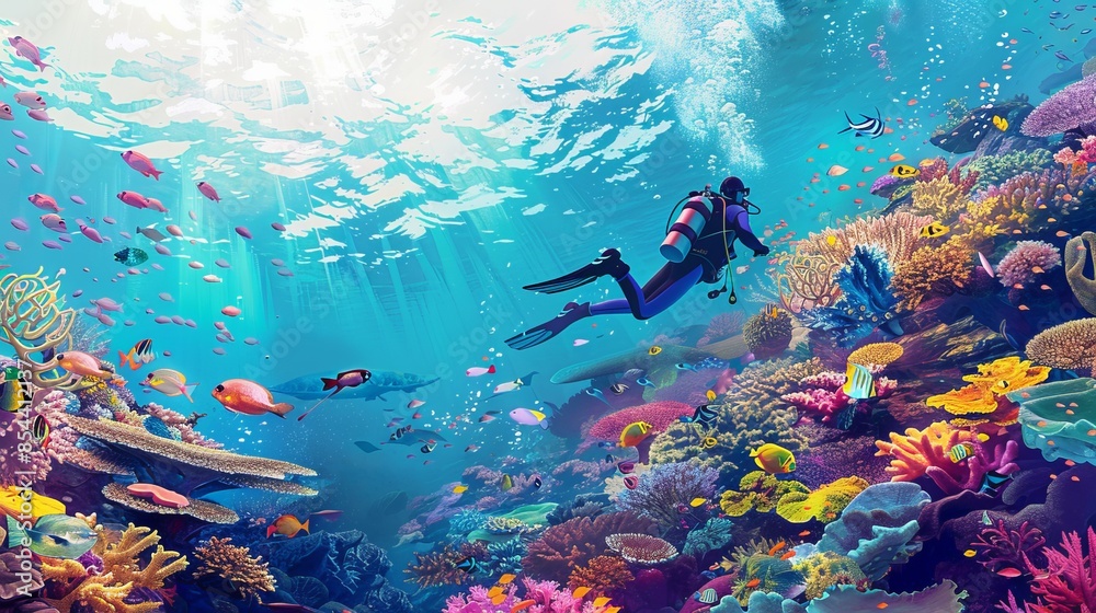imagine a coral reef with a diver in scuba gear. Include colorful ...