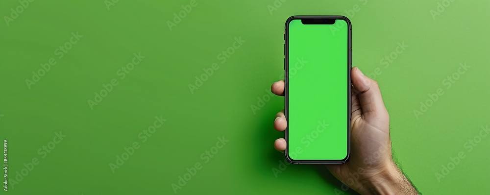 In a sleek and minimalist scene, a hand displays a vertical smartphone ...