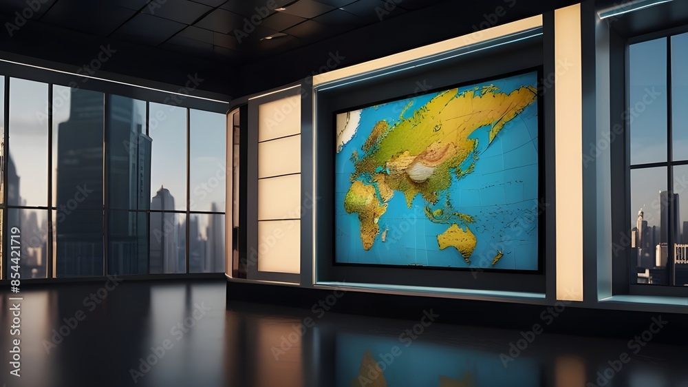 3D render of modern news studio space with world map on a flat screen ...