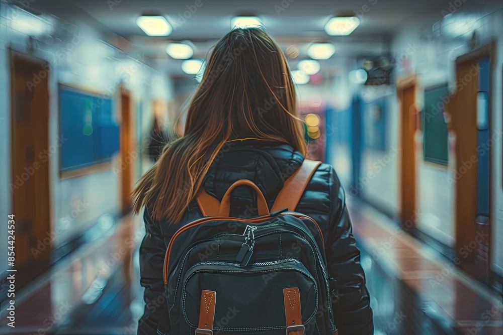 Student in School Hallway: Back View of Girl with Backpack in Modern ...