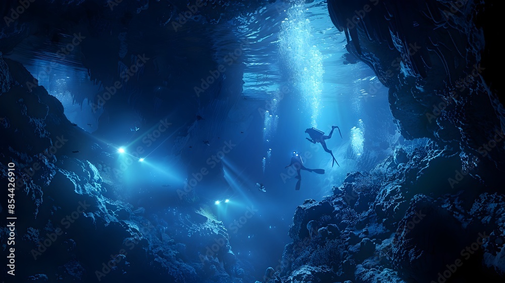Divers Exploring Bioluminescent Underwater Cave with Glowing Plankton ...