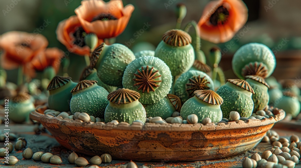Poppy flower seed pods laying on a terra cotta plant saucer. Many seeds ...