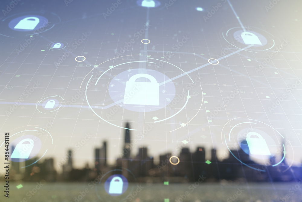 Virtual creative lock illustration with microcircuit on blurry ...