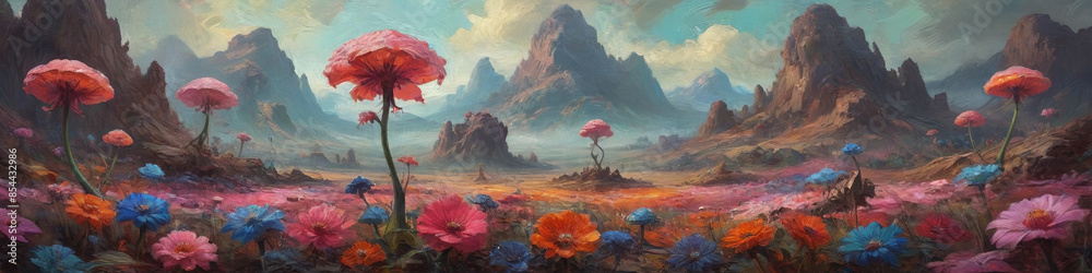 Enormous alien flowers bloom in a surreal landscape painted with thick ...