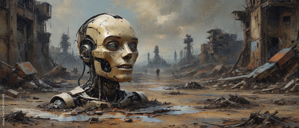 The aftermath of a robot uprising is depicted with thick, textured oil ...