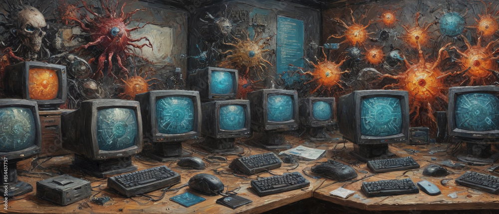 An oil painting on canvas showcasing the chaotic nature of computer ...