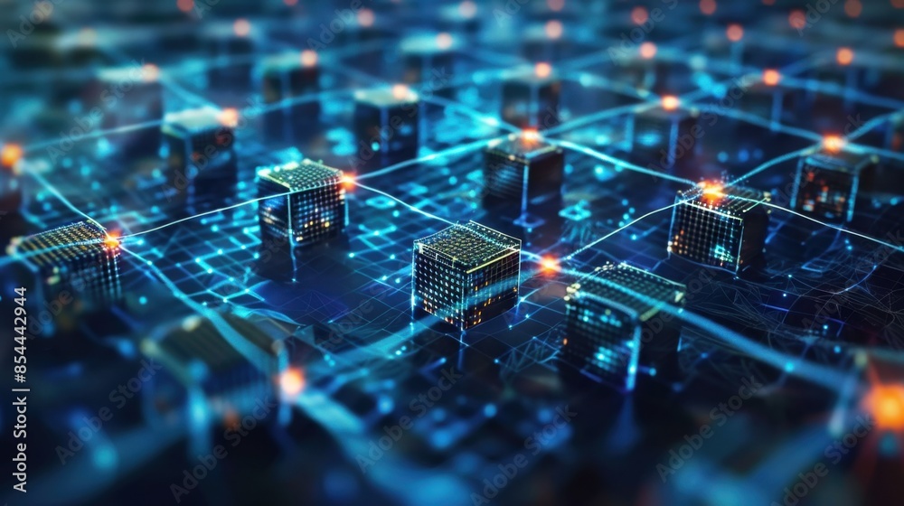 Amidst a futuristic backdrop, digital blocks form a network ...