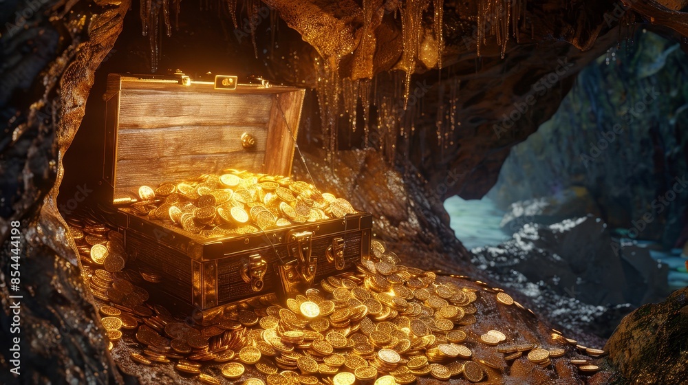 Pirate chest overflowing with gold coins, shimmering with a magical ...