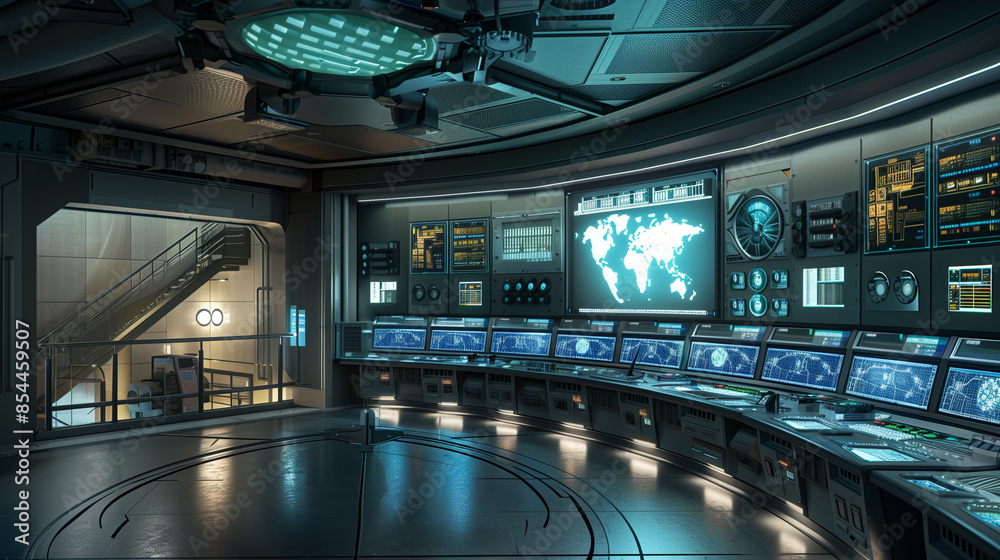 High-Tech Command Center with Digital World Map and Control Panels Stock Illustration | Adobe Stock