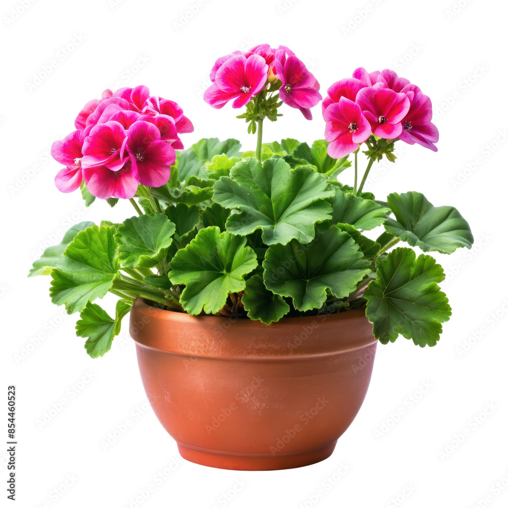 beautiful geraniums plant in a ceramic pot isolated on transparent ...