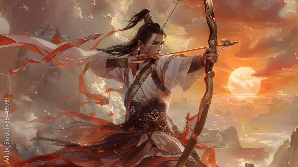 Heroic Archer Unleashing Devastating Volley Amid Fiery Battlefield ...