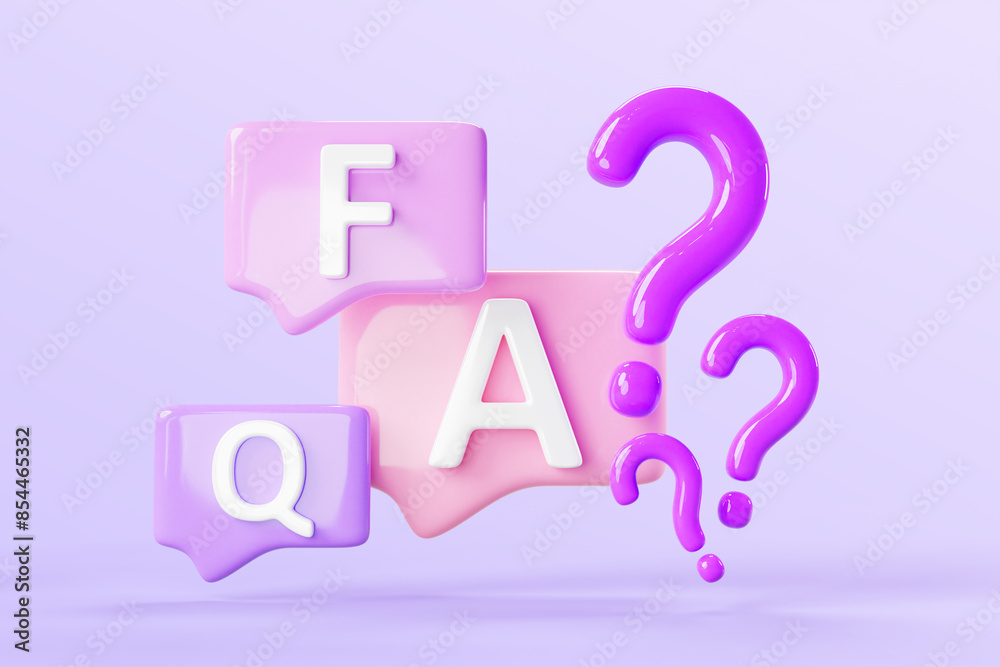 FAQ font letters on speech bubbles with question marks on purple background 3d render. Chat ...