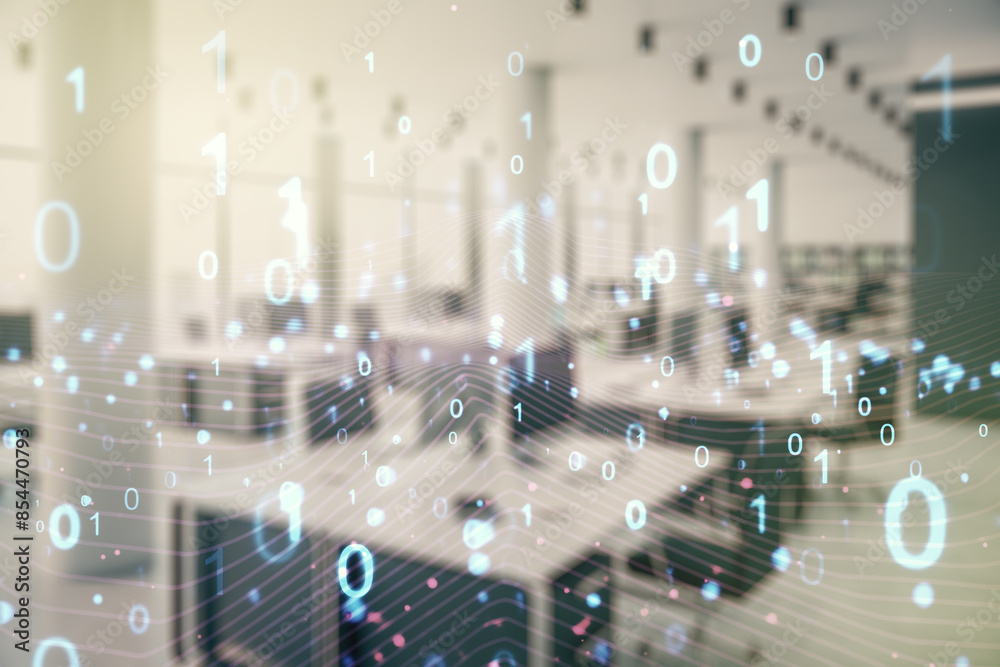 Abstract virtual binary code hologram on a modern furnished classroom ...
