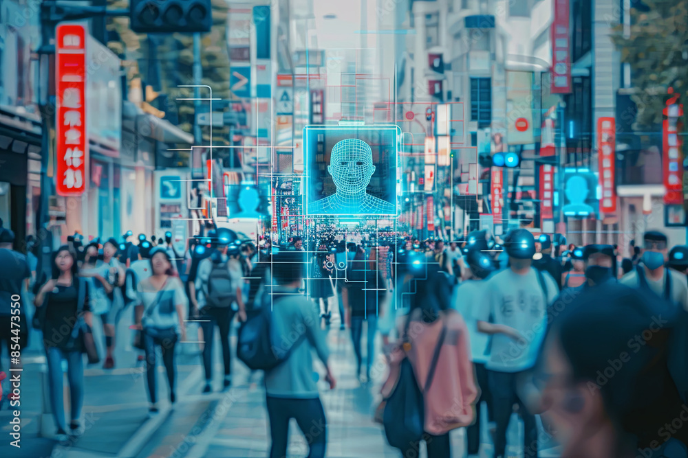 Elevated security camera footage of a crowded urban street, with AI ...