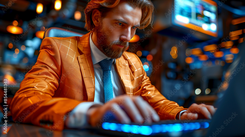 A man in a suit and tie is typing on a laptop computer. Concept of ...