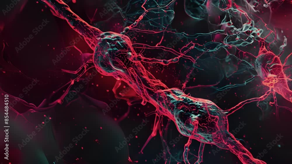 A confocal microscopy animation of a cell with bright red stains ...