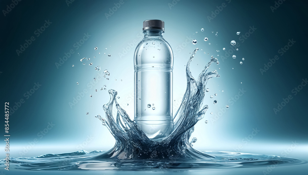 3D render: Clear plastic water bottle, black cap, water splash. (HD ...