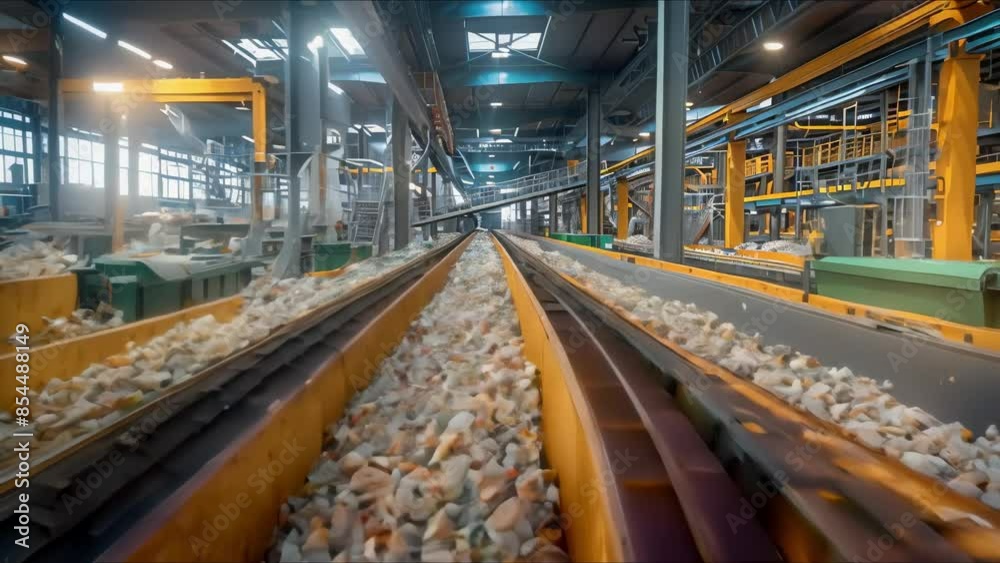 Household waste sorting facility: conveyors, bins, and recycling ...