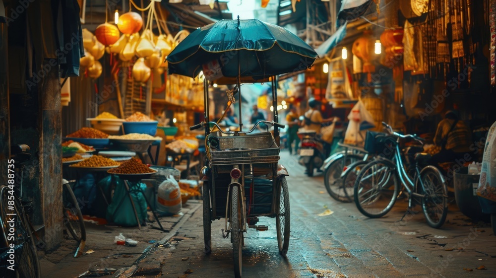 Vibrant Life in an Ancient Asian Market: Traditional Rickshaw Amidst ...