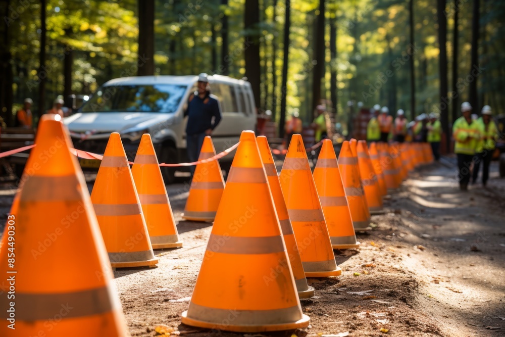 Daylight safety precautions hazardous road section cordoned off with safety cones Stock ...