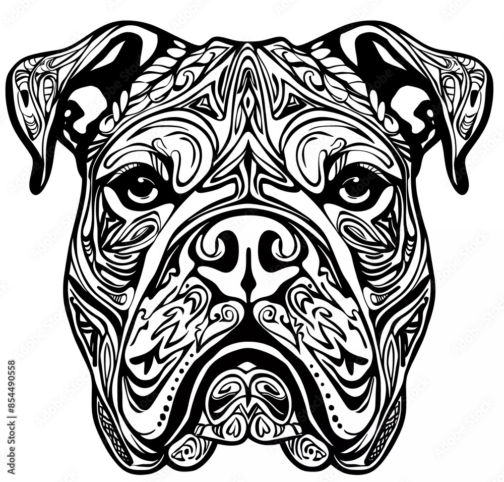 abstract art coloring page of an American Bulldog head, zentangle style ...