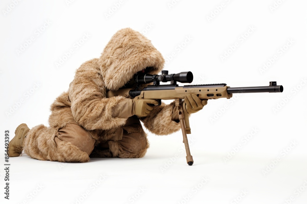 Military soldier aiming machine gun while lying down in prone position ...