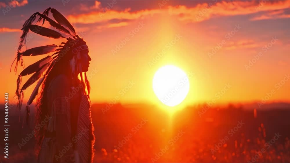 Artistic depiction of a Native American chief against a sunset backdrop ...