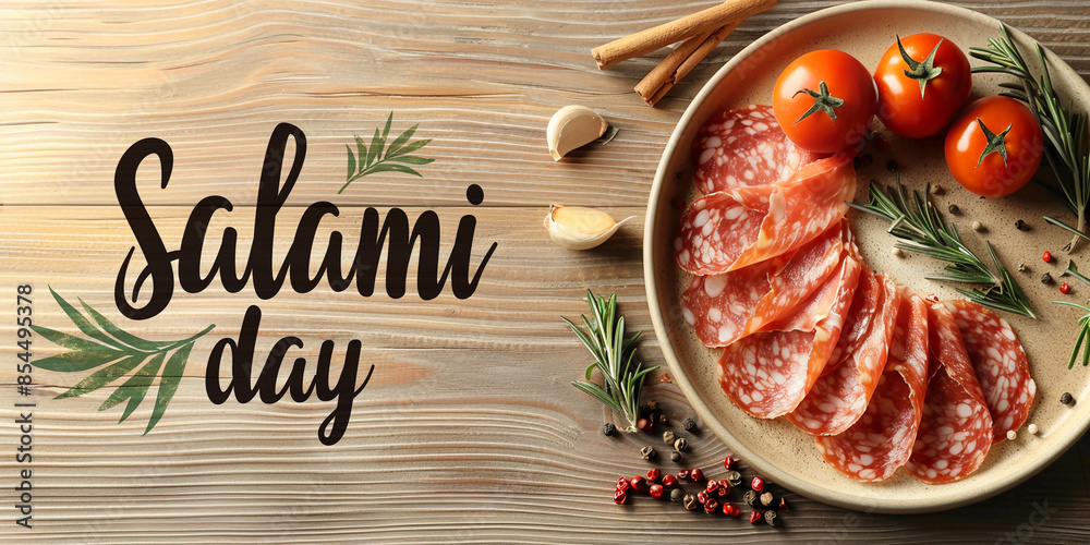 Salami sausage plate. Dry smoked meat. Italian ham food on wooden cut ...