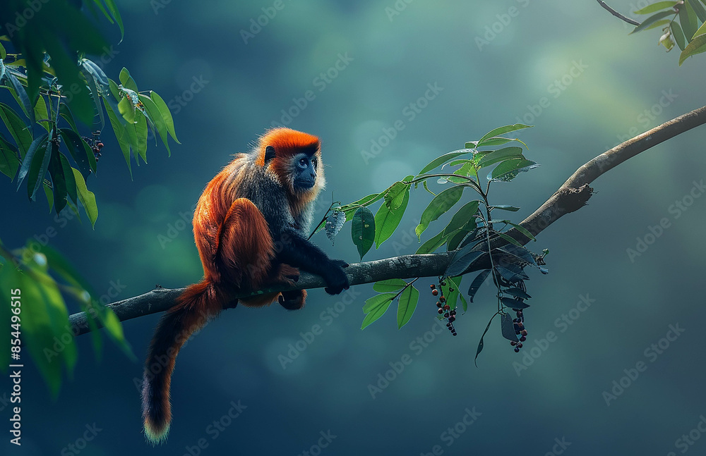 The red-bellied tony monkey is sitting on the branch of a tree in a ...