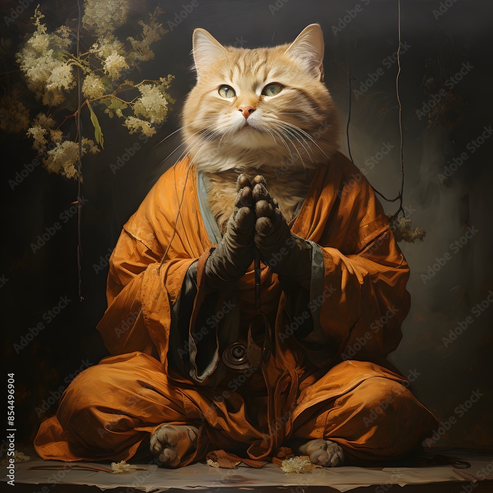 A cat dressed as a monk sitting and praying can symbolize peace ...