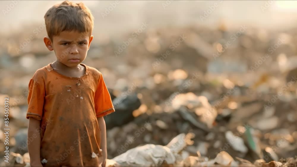 A poignant image of a boy in a landfill surrounded by plastic waste ...