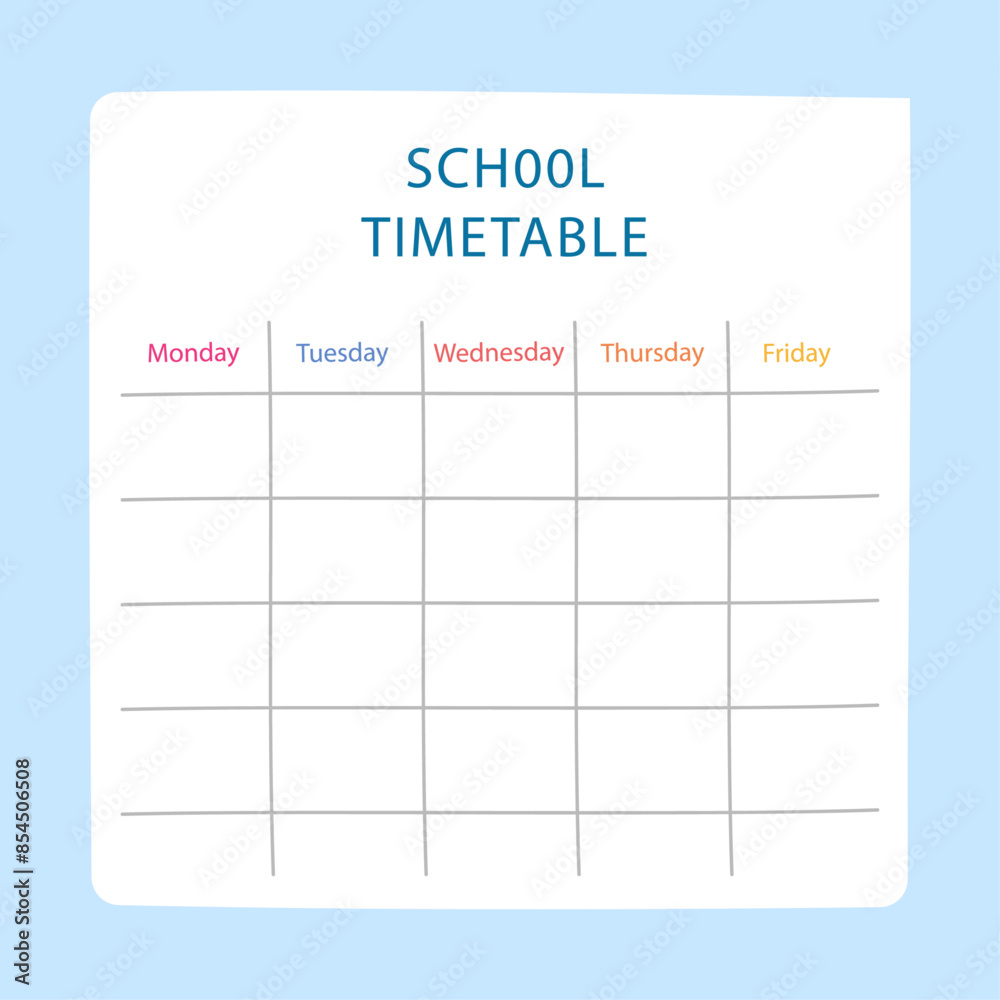 School timetable template on copy book sheet with hand written text ...