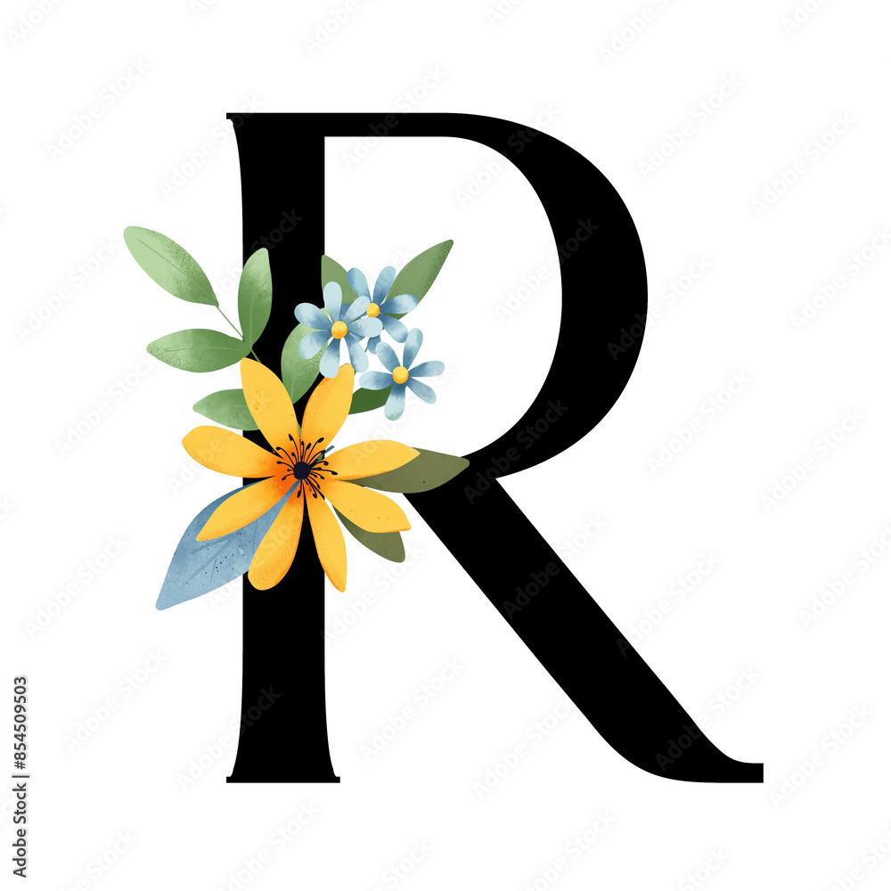 Letter R, floral monogram with watercolor flowers and leaf. Letterhead ...