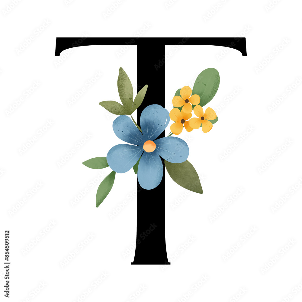 Letter T, floral monogram with watercolor flowers and leaf. Letterhead ...
