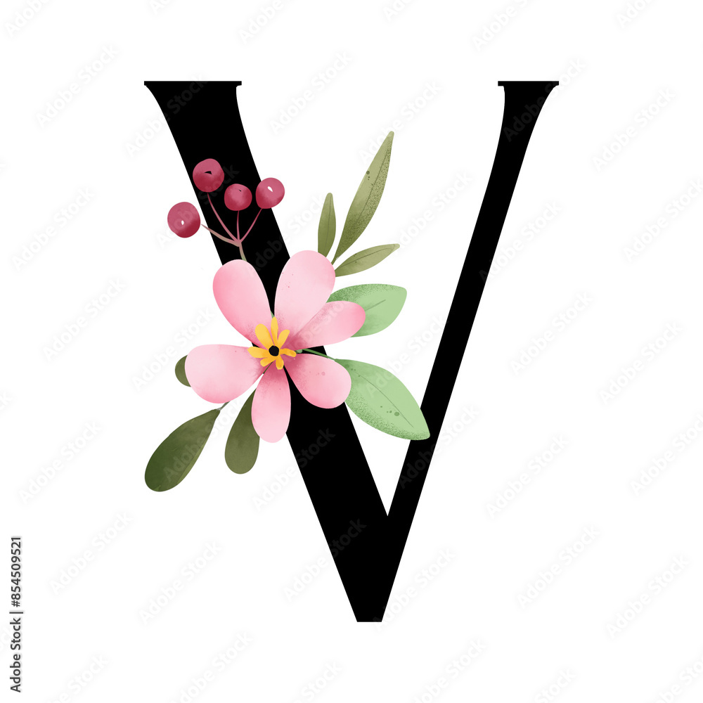 Letter V, floral monogram with watercolor flowers and leaf. Letterhead ...