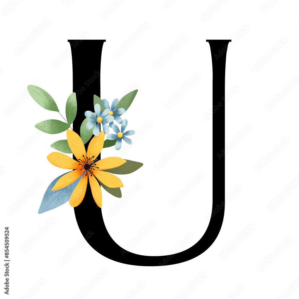 Letter U, floral monogram with watercolor flowers and leaf. Letterhead ...