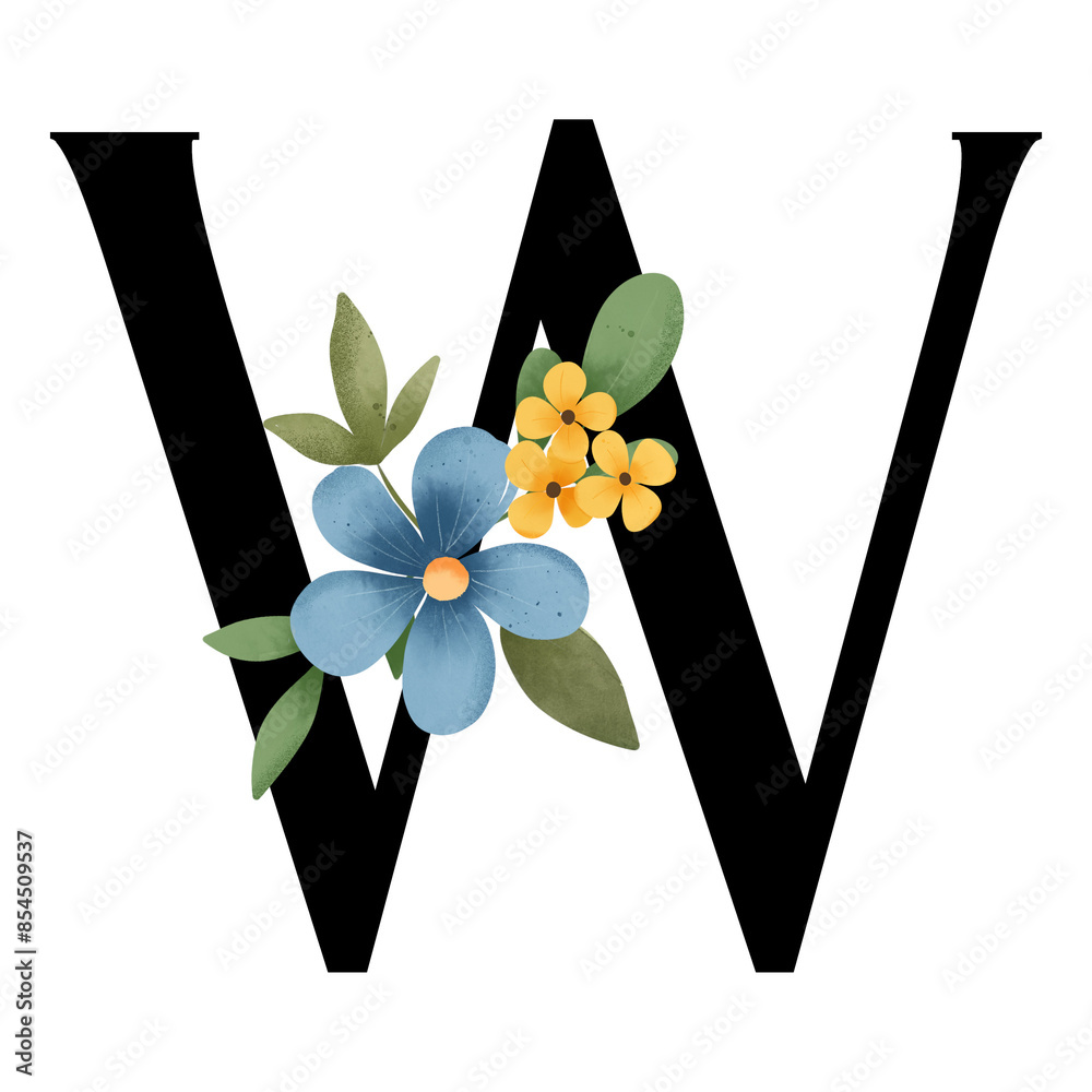 Letter W, floral monogram with watercolor flowers and leaf. Letterhead ...