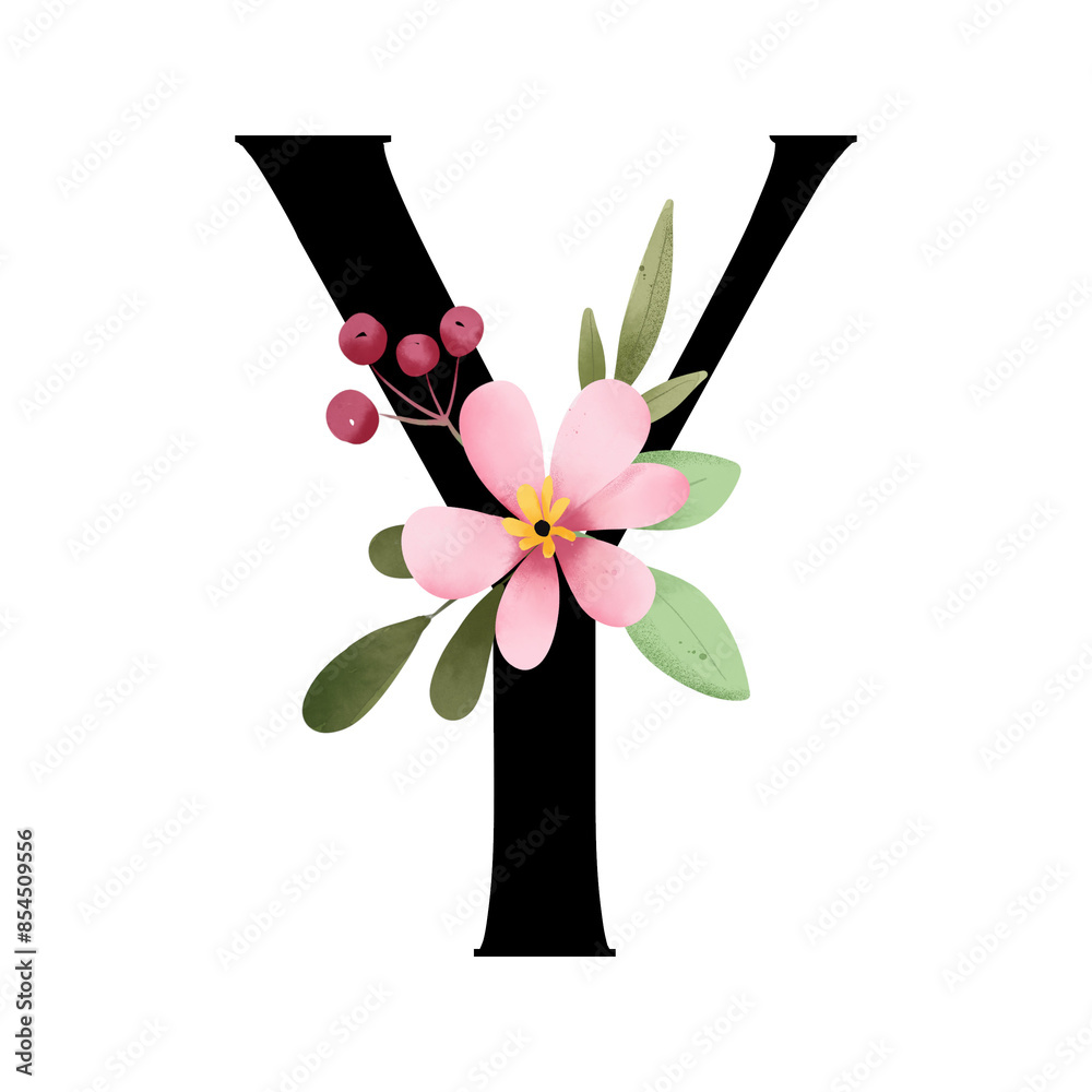 Letter Y, floral monogram with watercolor flowers and leaf. Letterhead ...
