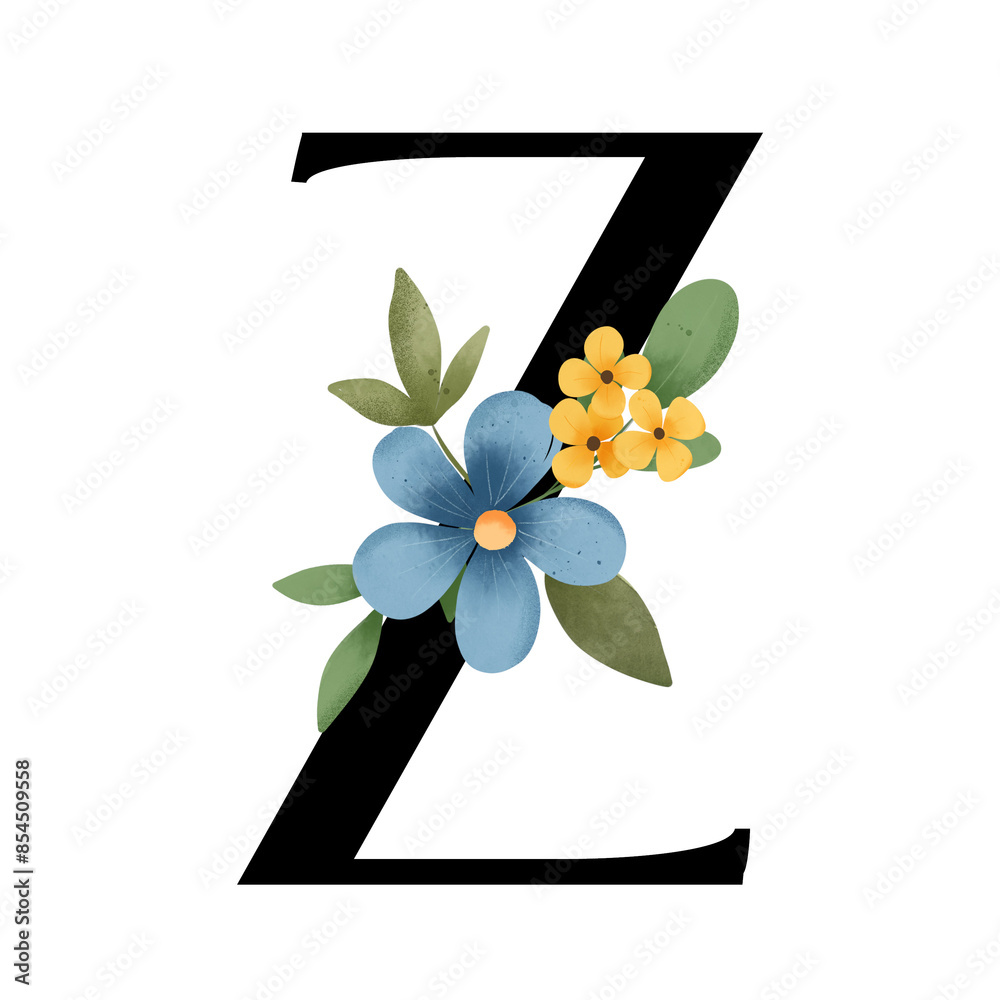 Letter Z, floral monogram with watercolor flowers and leaf. Letterhead ...