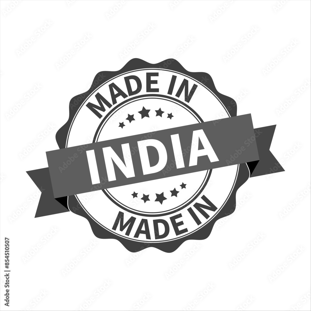 Made in India logo seal stamp with ribbon and stars in rounded zig-zag ...