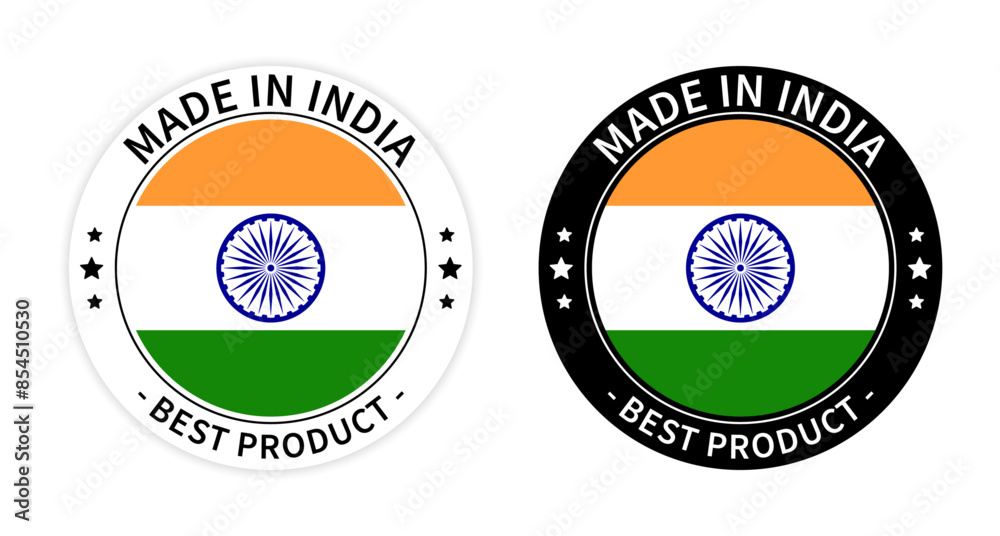 Made in India logo seal with Indian flag and stars in white and black color. Made in India ...