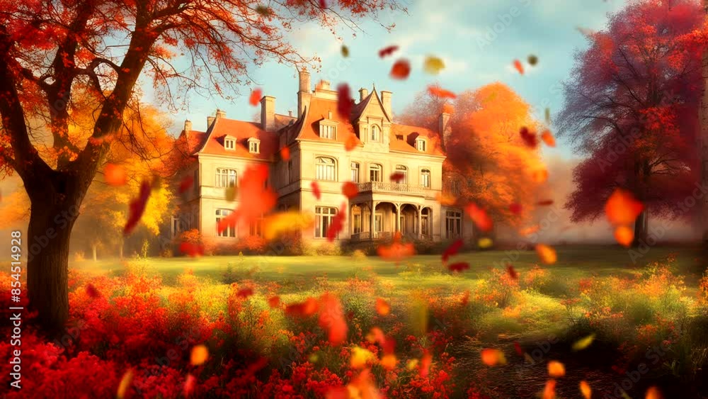 In the midst of a beautiful fall season, a luxurious mansion stands ...