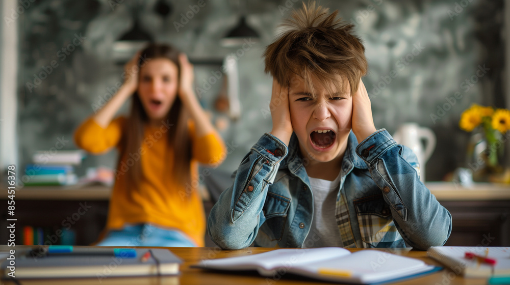 Frustrated boy screaming and covering ears while struggling with ...