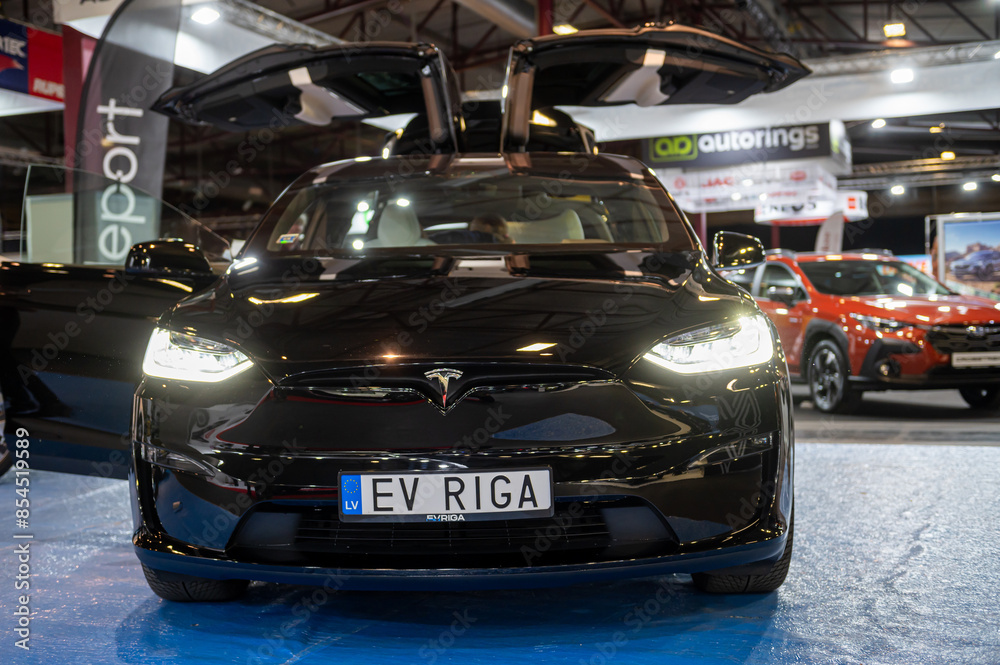 electric SUV Tesla Model X premiere at a motor show, 2024 model Stock ...