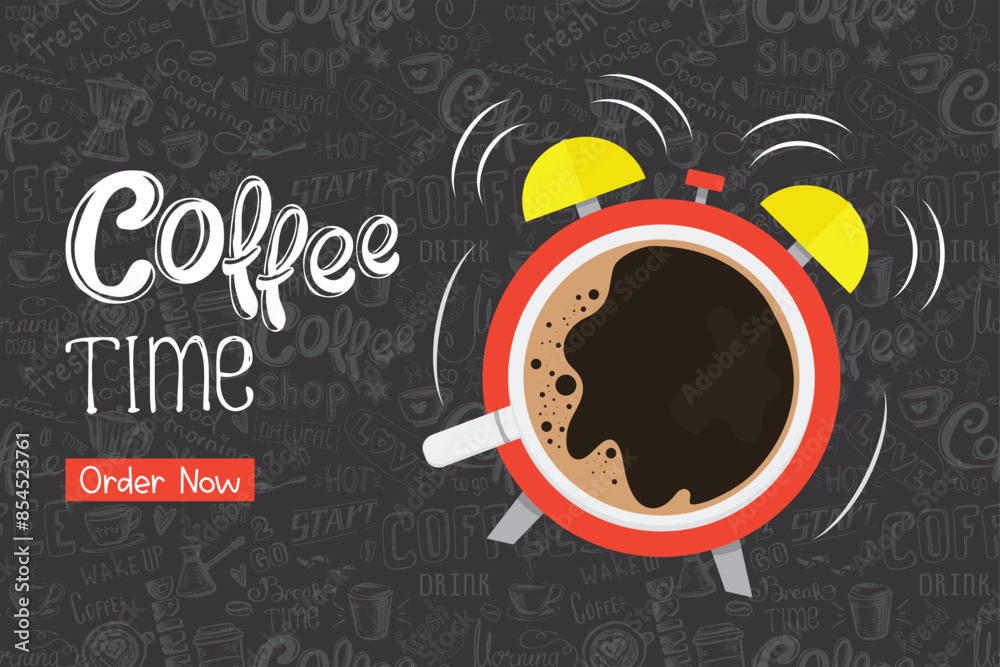 Coffee time, hand drawn poster. Ringing alarm clock with coffee cup on ...