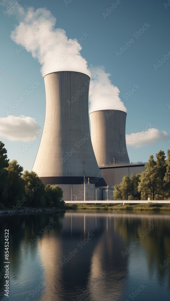Rendering of a nuclear power plant with floating turbines and air coolers Stock Illustration ...