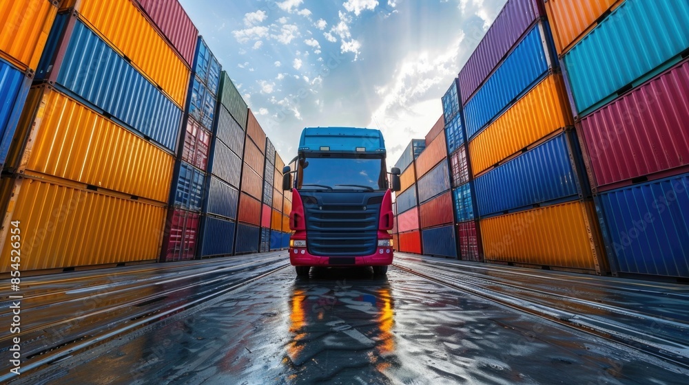 Colorful stacks of shipping containers and trucks in a busy container ...
