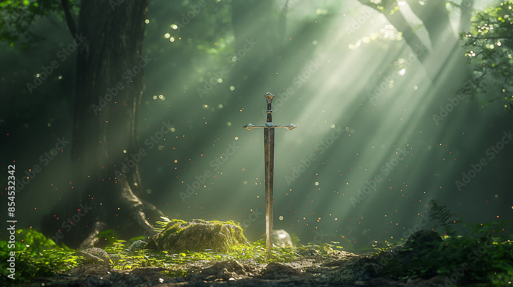 ภาพประกอบสต็อก A sword is firmly planted into a stone, standing tall ...