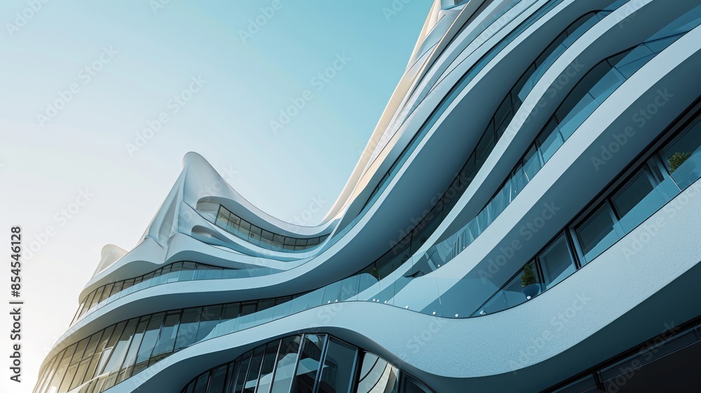 The highrise curved reflective architecture under the brightest clear ...